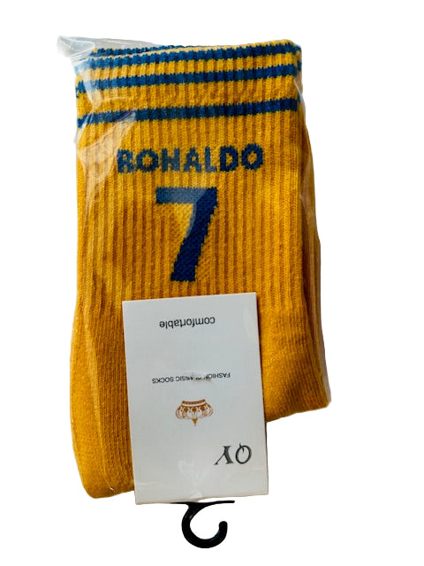 RONALDO 7 Retro Football Socks – Yellow & Blue | Crew Length 3/4 (30 c